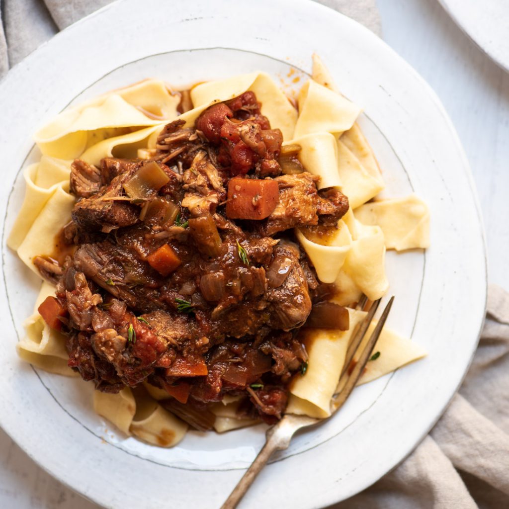 Tomato Braised Pork Ragu with Egg Noodles | The Frayed Apron